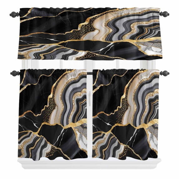 3 Piece Kitchen Curtains and Valances Set Black Marble Cafe Curtains 36 ...