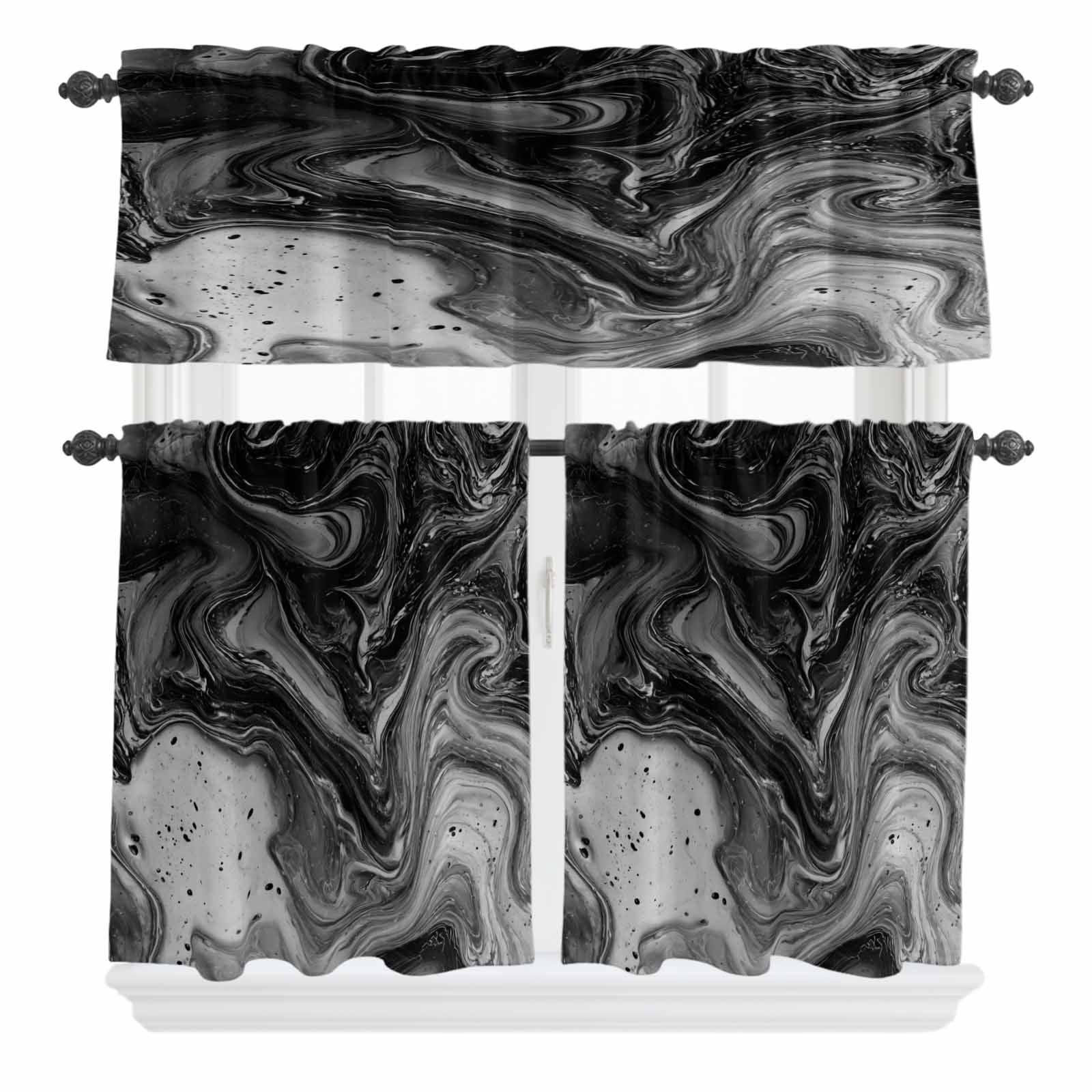 3 Piece Kitchen Curtains and Valances Set Black Marble Cafe Curtains 36 ...