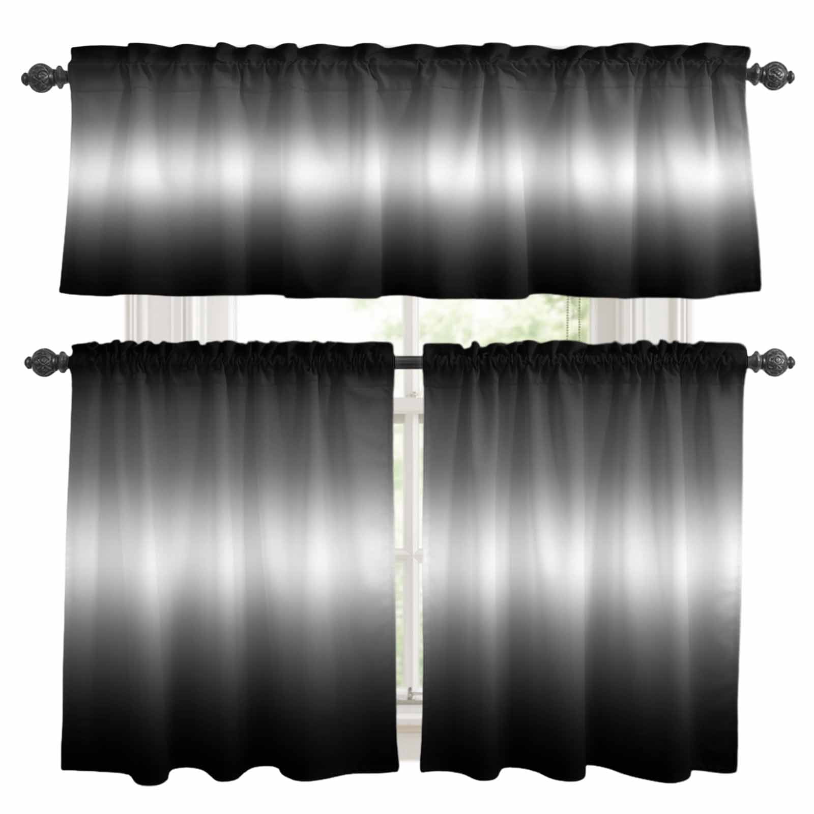 3 Piece Kitchen Curtains and Valances Set Black Ombre Cafe Curtains 36 ...