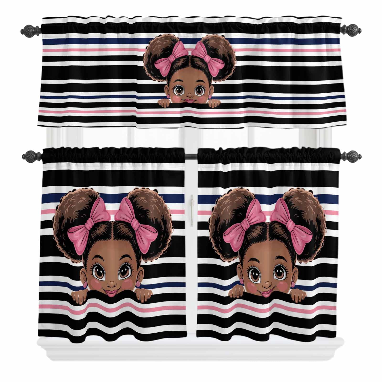 3 Piece Kitchen Curtains and Valances Set Black Pink Stripes Cafe ...