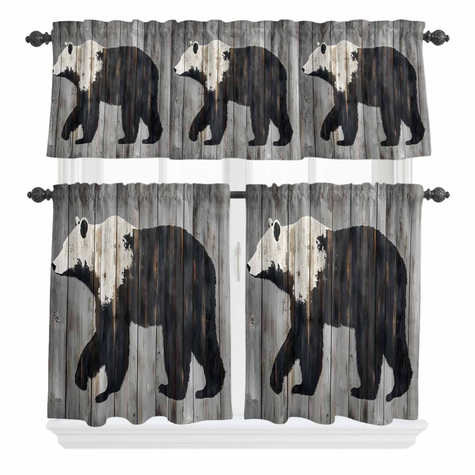 3 Piece Kitchen Curtains and Valances Set Black White Bear Cafe ...