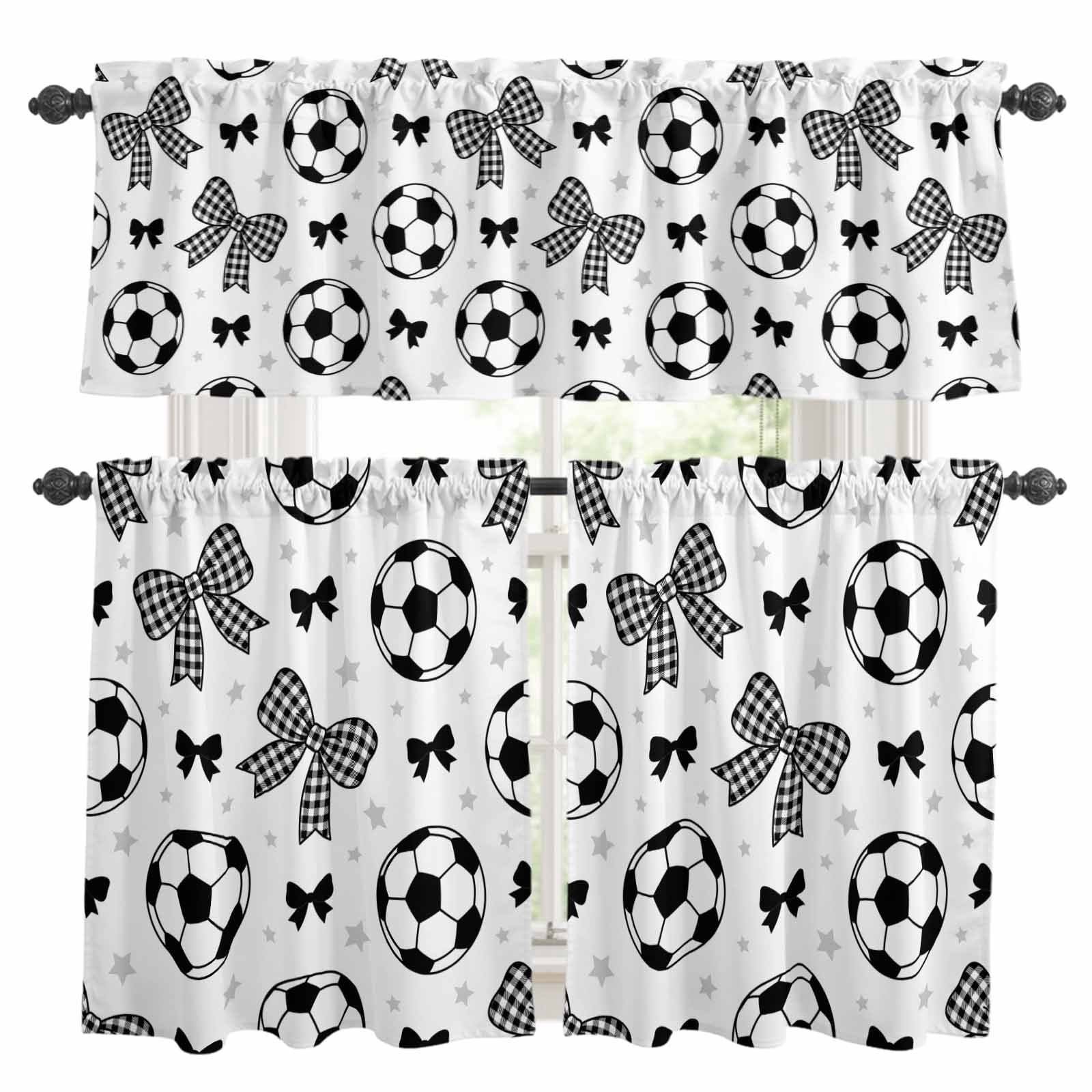 3 Piece Kitchen Curtains and Valances Set Black White Football Bowknot ...