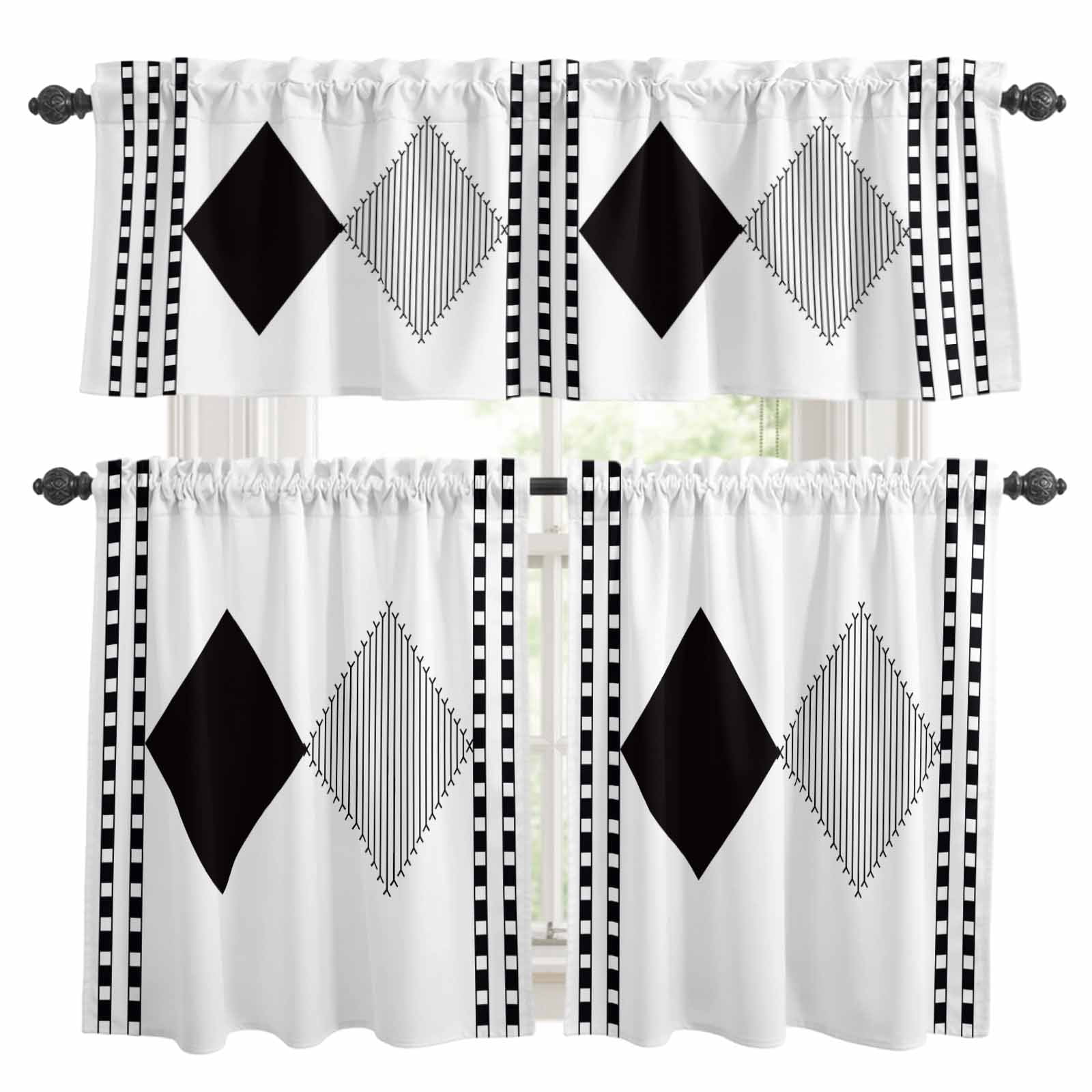 3 Piece Kitchen Curtains and Valances Set Black White Geometric Cafe ...