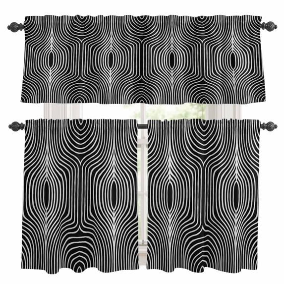 3 Piece Kitchen Curtains and Valances Set Black White Geometric Cafe ...