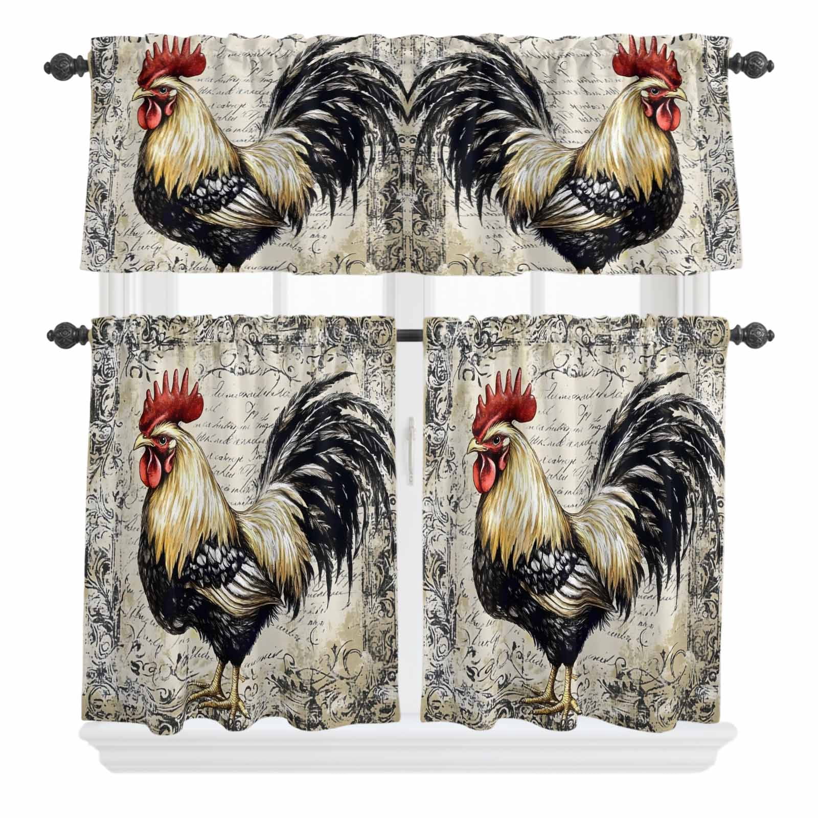 3 Piece Kitchen Curtains and Valances Set Black White Vintage Rooster ...