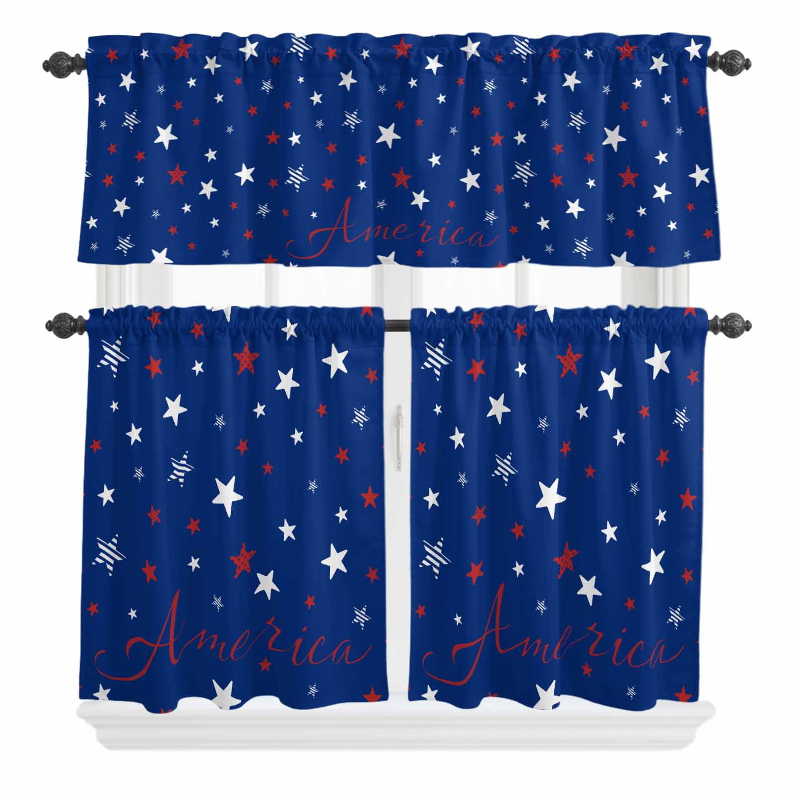 3 Piece Kitchen Curtains and Valances Set Blue 4th of July Cafe ...