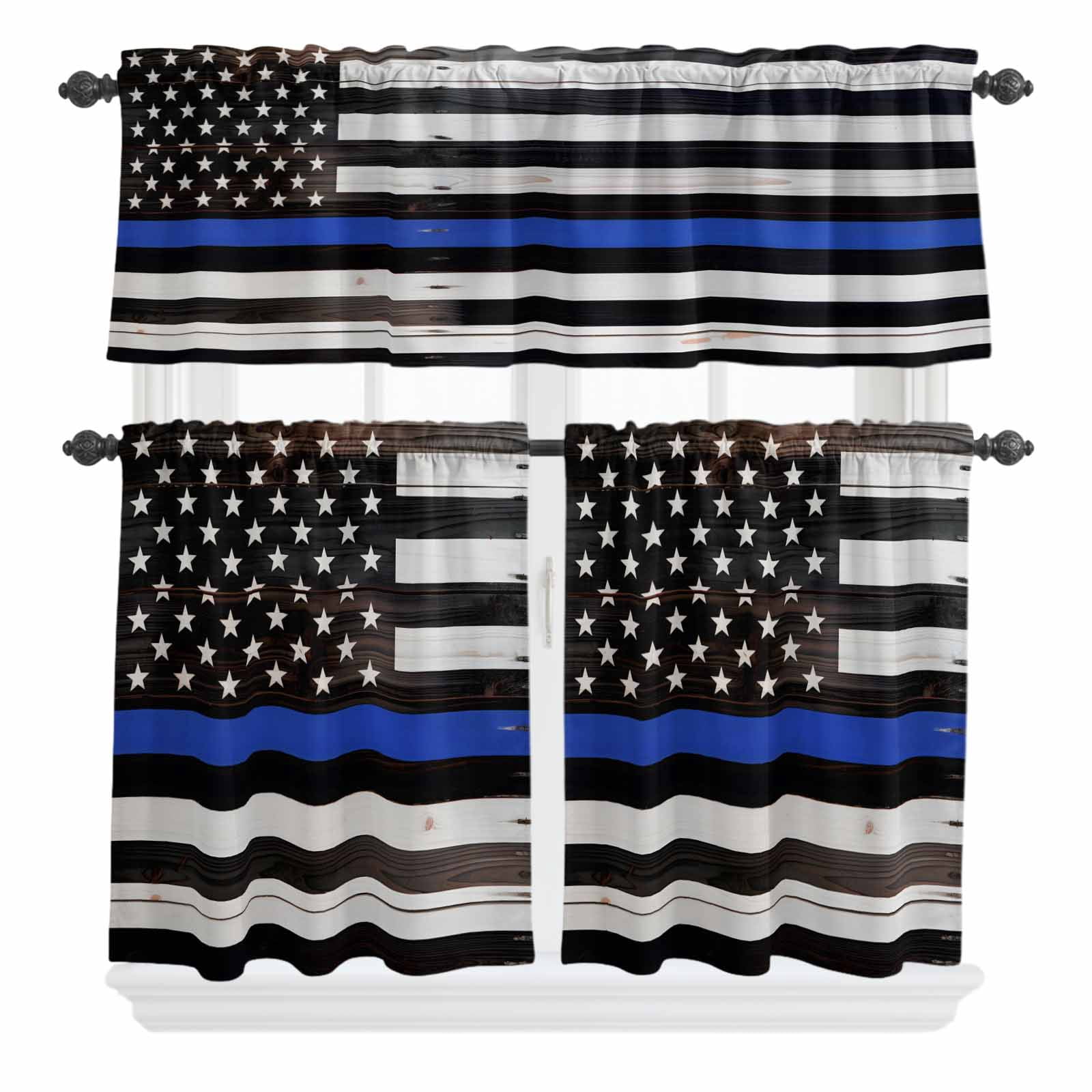 3 Piece Kitchen Curtains and Valances Set Blue American Flag Cafe ...