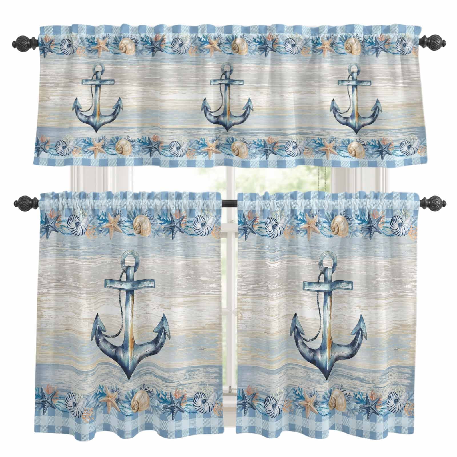 3 Piece Kitchen Curtains and Valances Set Blue Anchor Coastal Cafe ...
