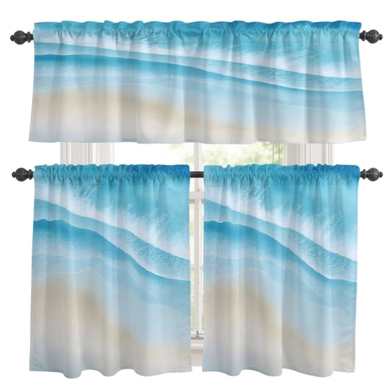 3 Piece Kitchen Curtains and Valances Set Blue Beach Coastal Cafe ...