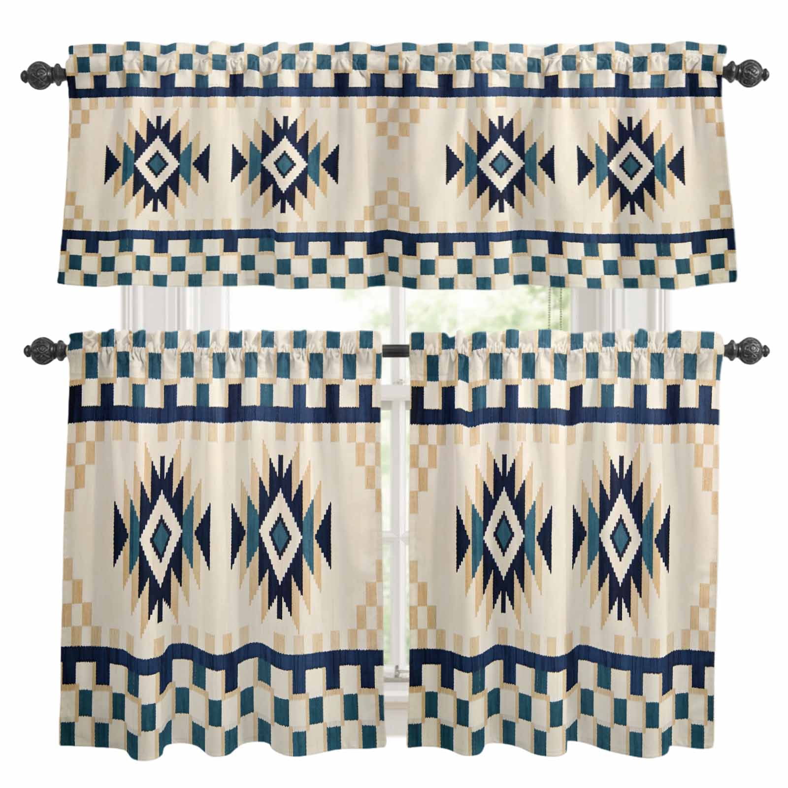 3 Piece Kitchen Curtains and Valances Set Blue Beige Black Cafe ...