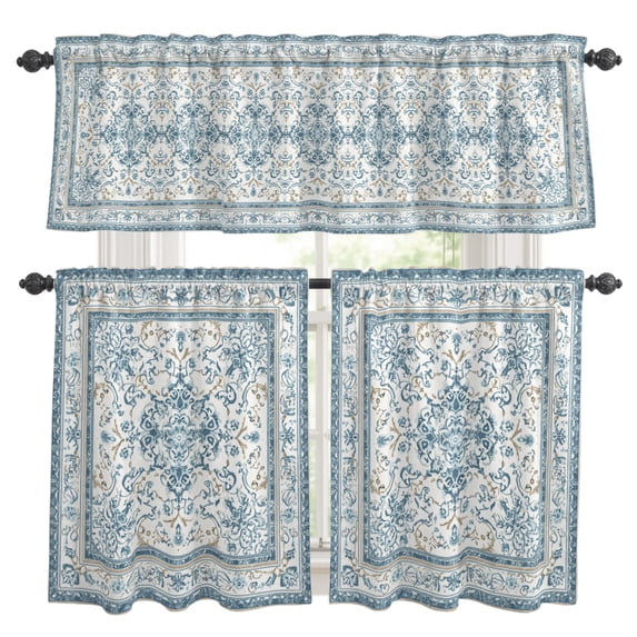 3 Piece Kitchen Curtains and Valances Set Blue Boho Cafe Curtains 24 ...