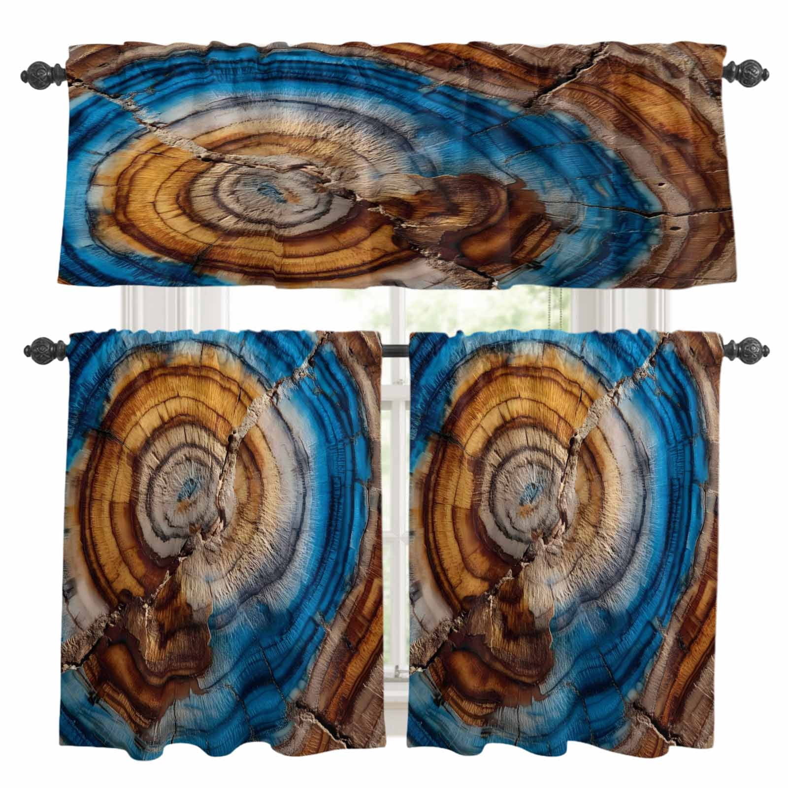 3 Piece Kitchen Curtains and Valances Set Blue Brown* Abstract Modern ...