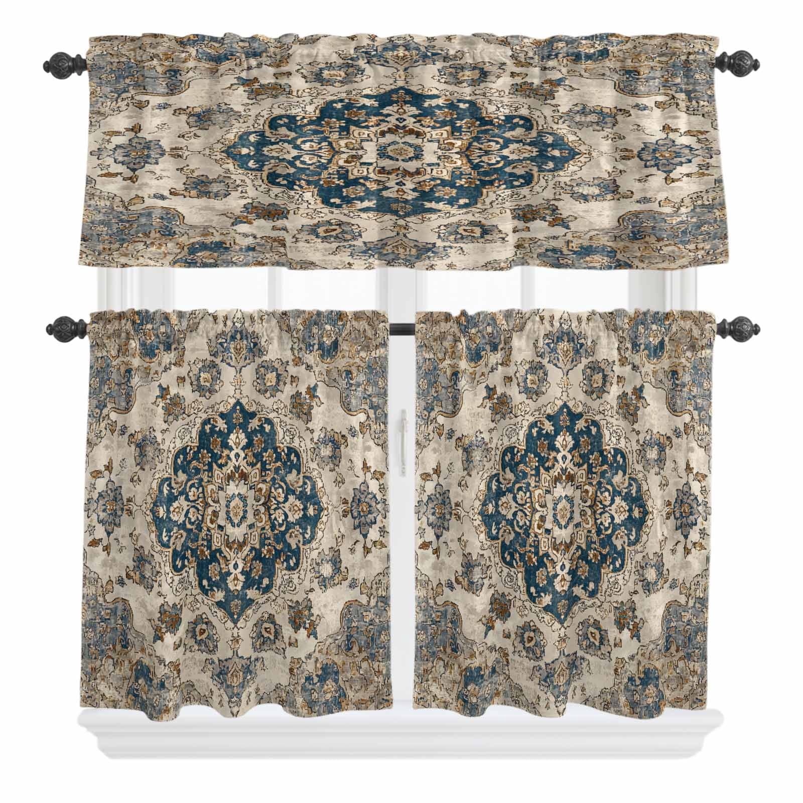 3 Piece Kitchen Curtains and Valances Set Blue Brown Boho Cafe Curtains 24 Inch Length Ethnic ...
