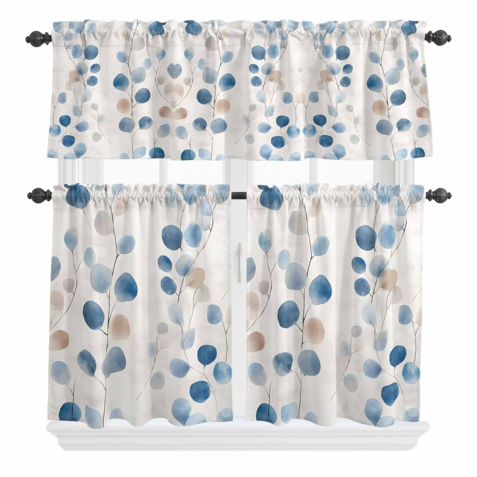 3 Piece Kitchen Curtains and Valances Set Blue Brown Botanical Cafe Curtains 24 Inch Length ...