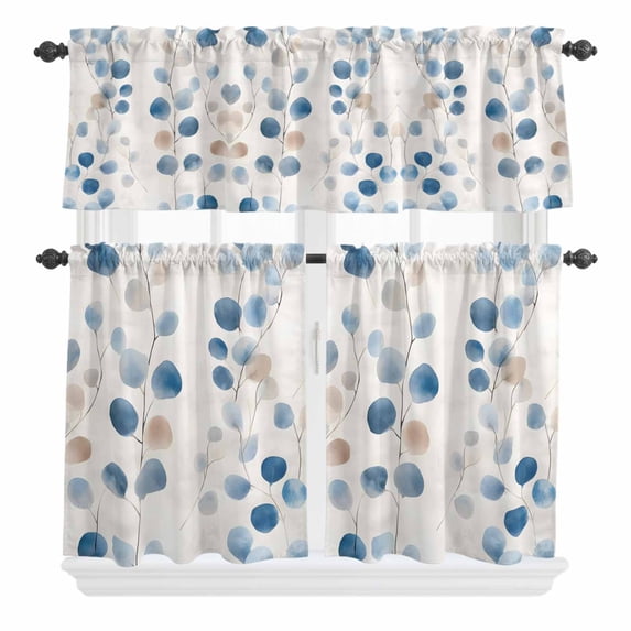 3 Piece Kitchen Curtains and Valances Set Blue Brown Botanical Cafe ...