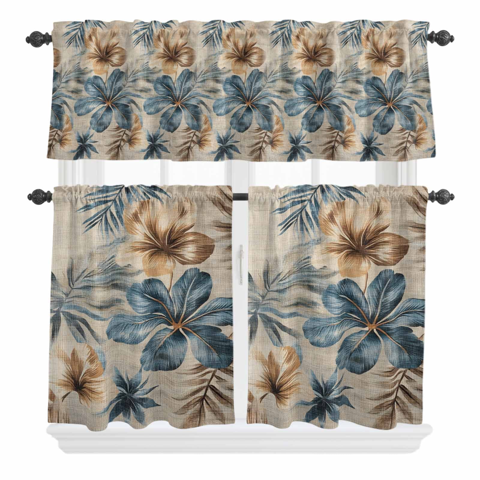 3 Piece Kitchen Curtains and Valances Set Blue Brown Botanical Cafe Curtains 36 Inch Length ...