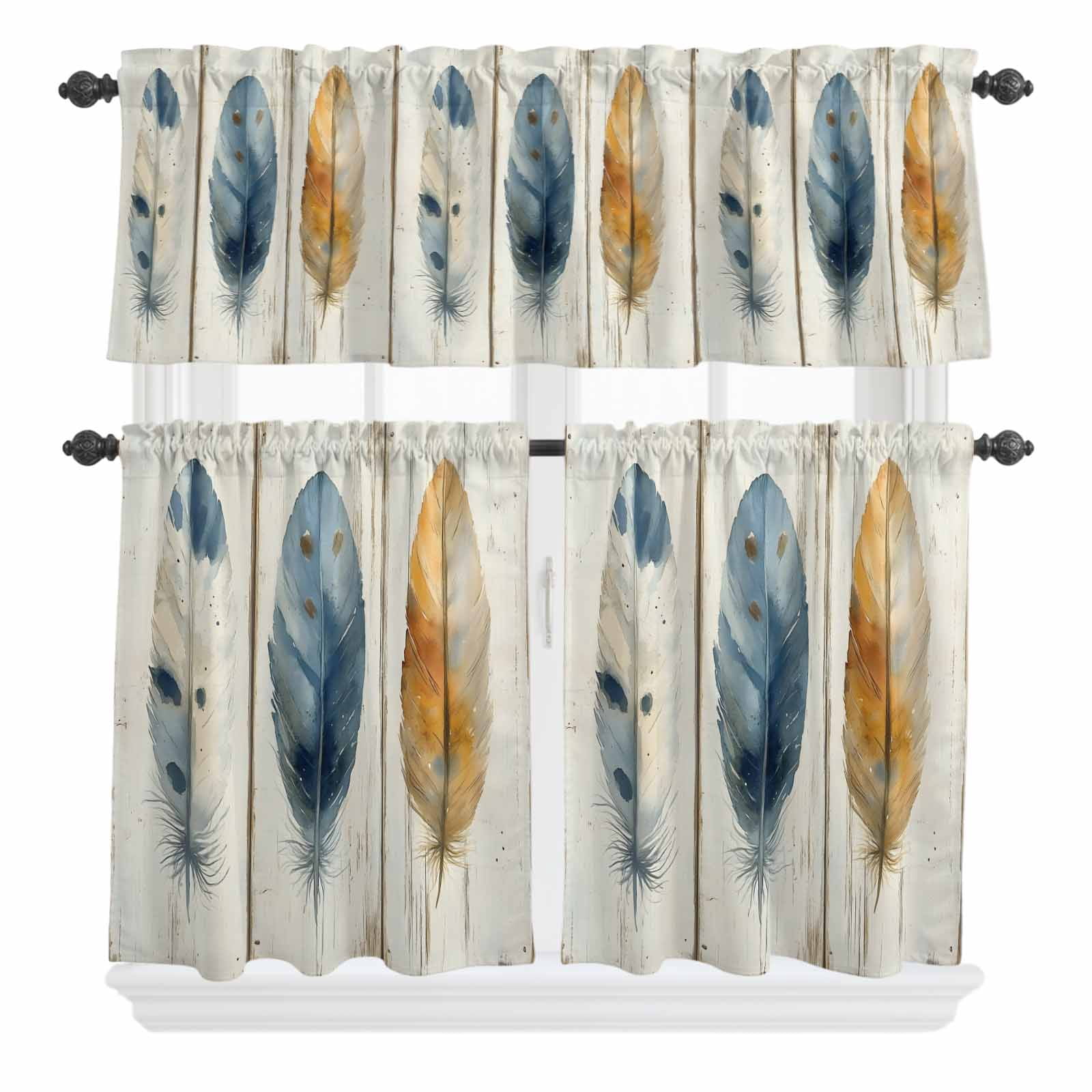 3 Piece Kitchen Curtains and Valances Set Blue Brown Feathers Cafe Curtains 24 Inch Length ...