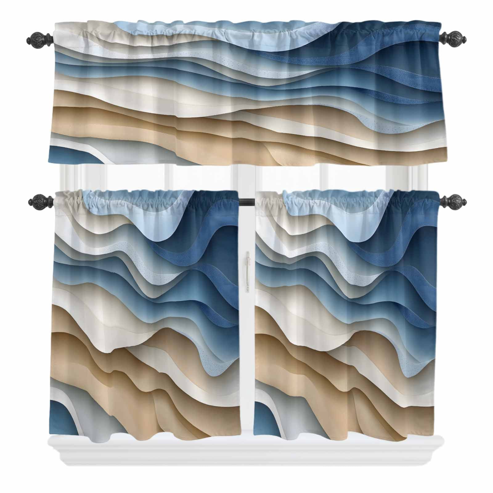 3 Piece Kitchen Curtains and Valances Set Blue Brown Ombre Cafe Curtains 24 Inch Length Modern ...