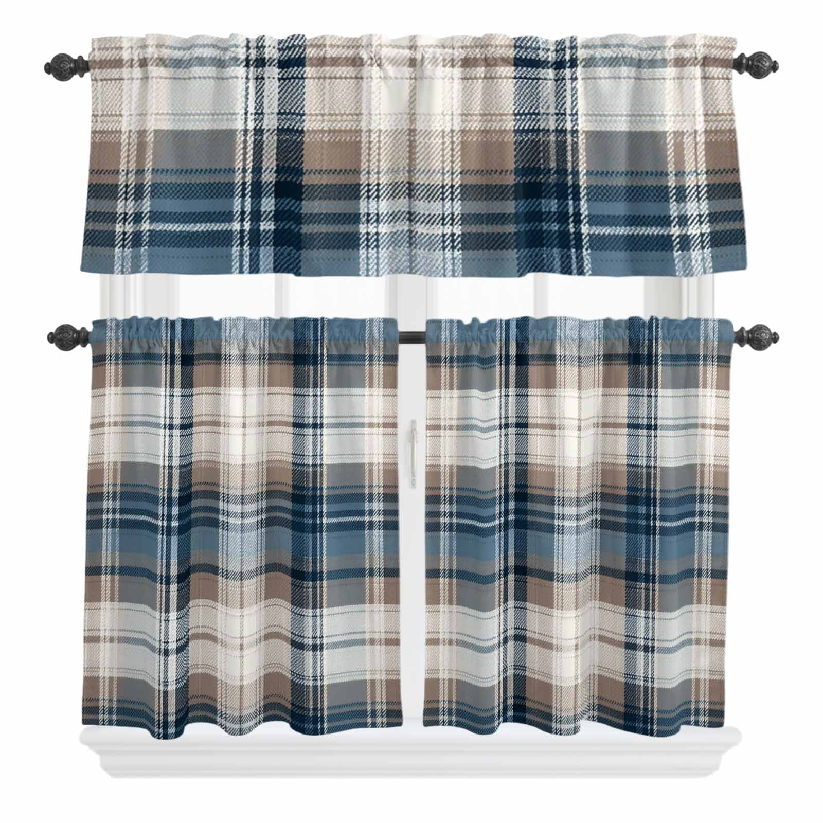 3 Piece Kitchen Curtains and Valances Set Blue Brown Plaid Cafe Curtains 24 Inch Length Vintage ...