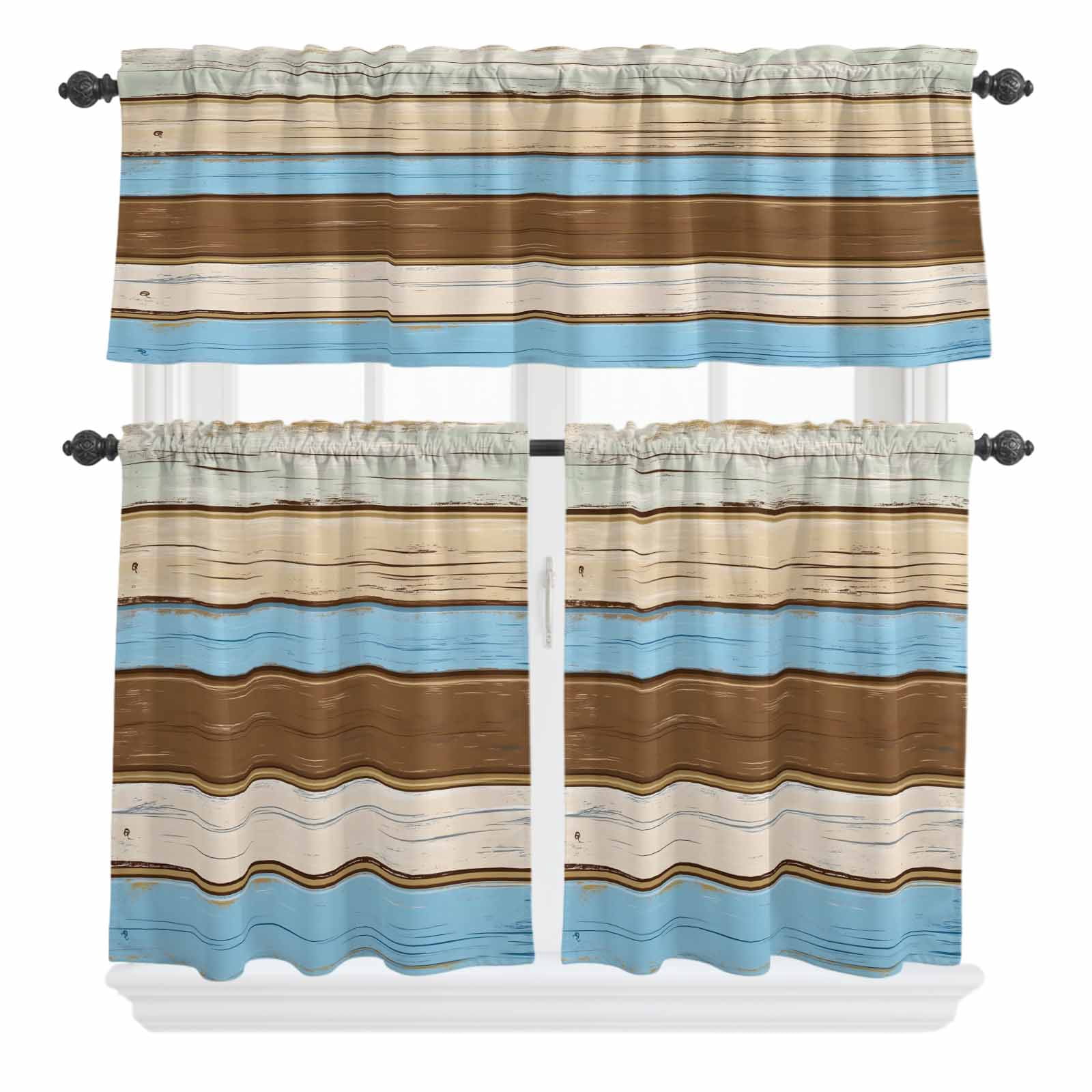 3 Piece Kitchen Curtains and Valances Set Blue Brown Wood Grain Cafe Curtains 24 Inch Length ...