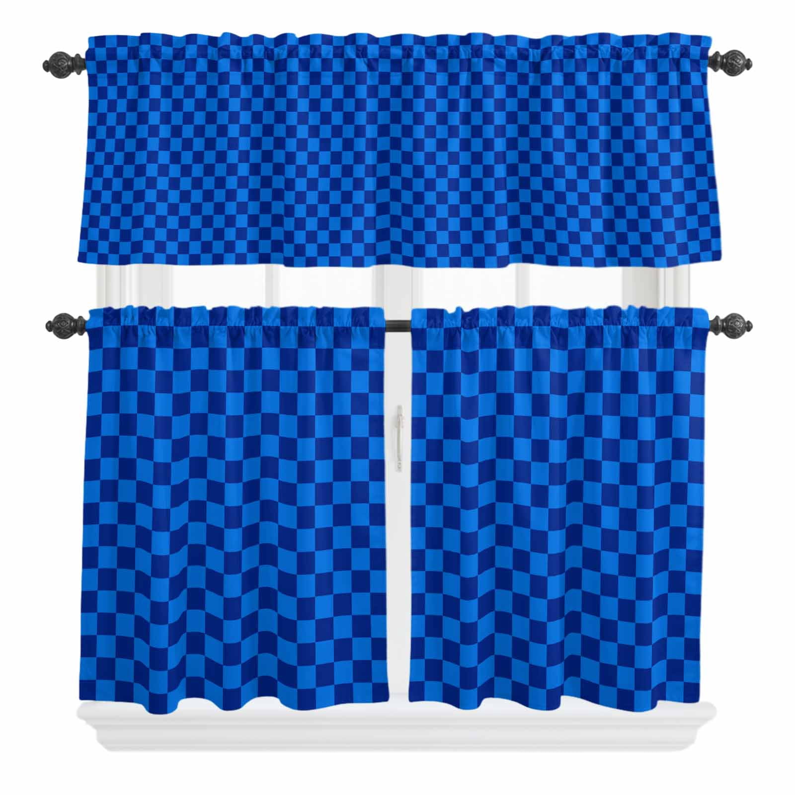 3 Piece Kitchen Curtains and Valances Set Blue Checkered Plaid Cafe ...