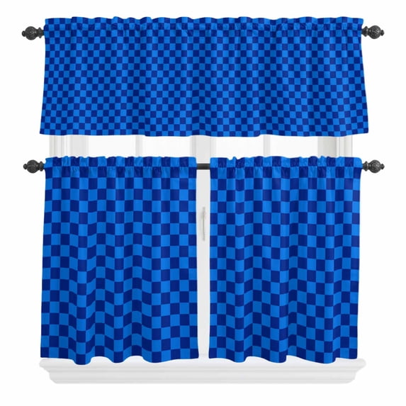 3 Piece Kitchen Curtains and Valances Set Blue Checkered Plaid Cafe ...