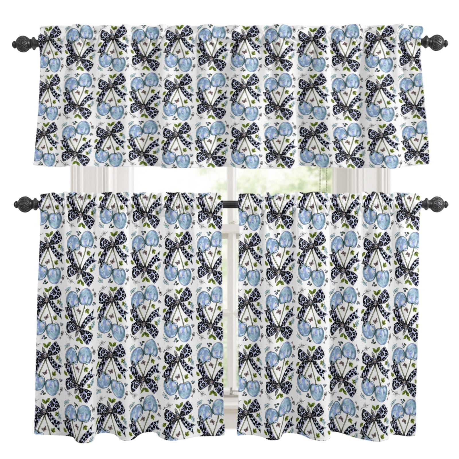 3 Piece Kitchen Curtains and Valances Set Blue Cherry Cafe Curtains 36 ...