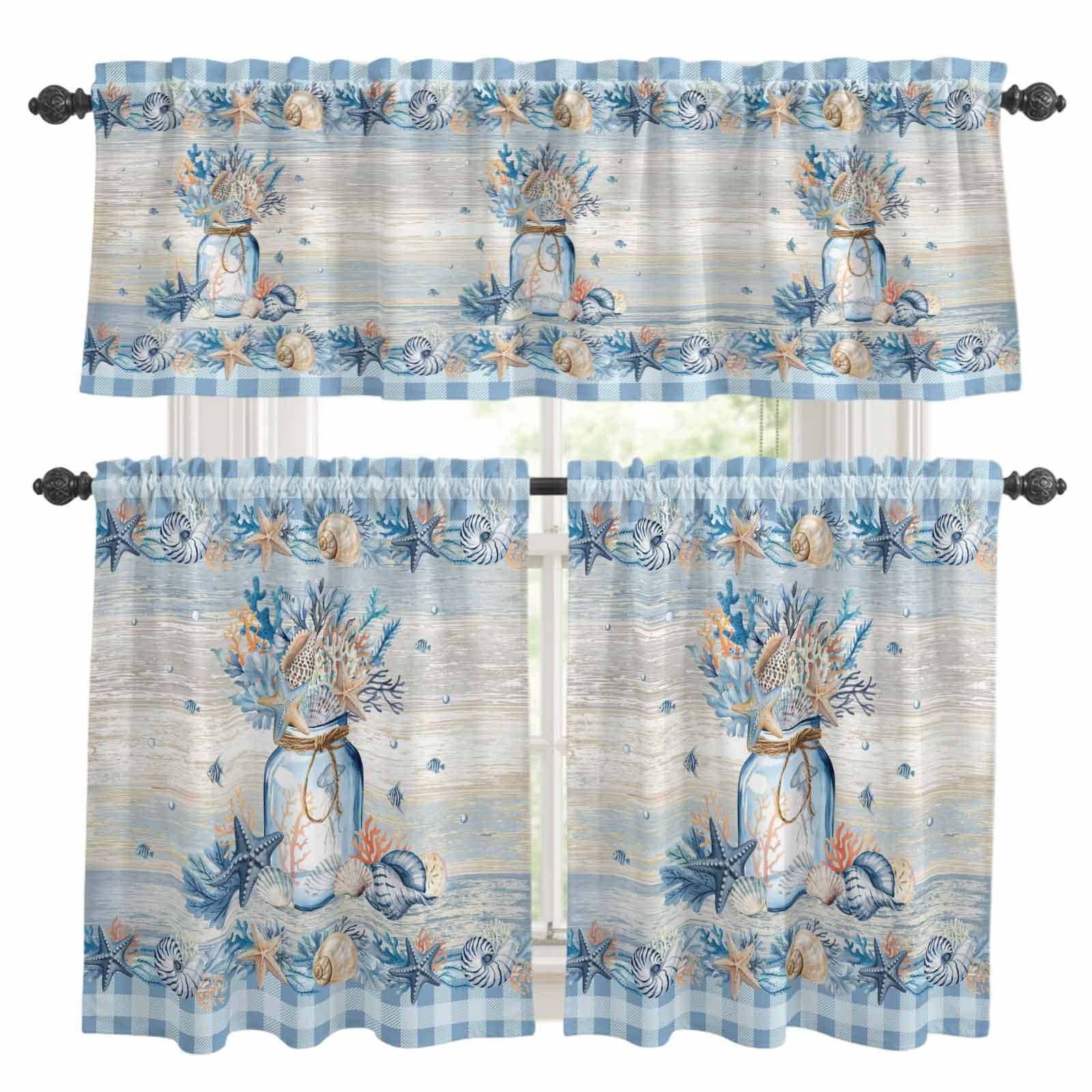 3 Piece Kitchen Curtains and Valances Set Blue Coastal Cafe Curtains 24 ...