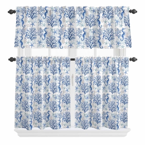 3 Piece Kitchen Curtains and Valances Set Blue Coral Cafe Curtains 36 ...