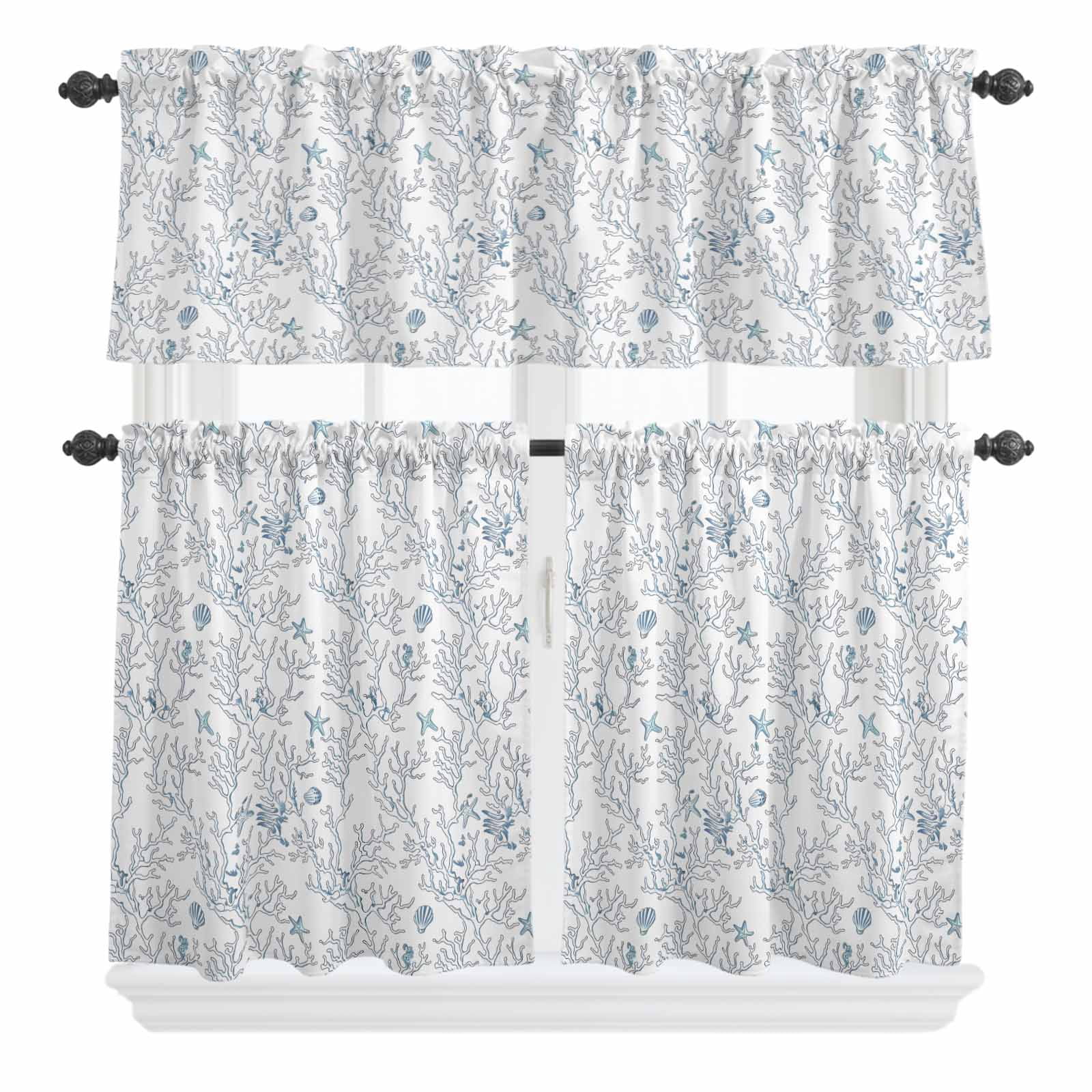 3 Piece Kitchen Curtains and Valances Set Blue Coral Coastal Cafe ...