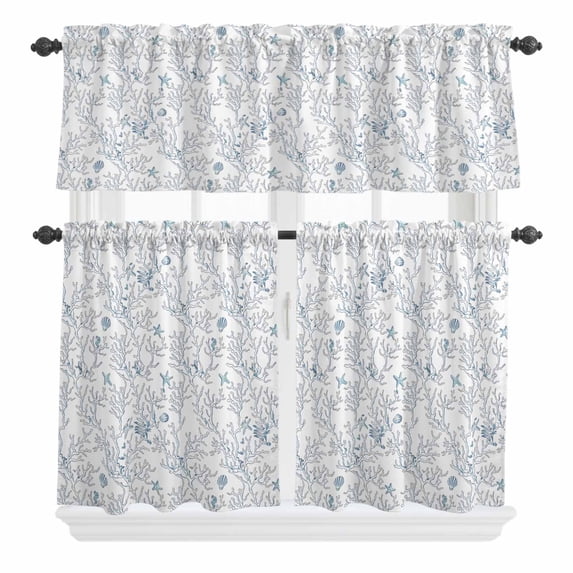 3 Piece Kitchen Curtains and Valances Set Blue Coral Coastal Cafe ...