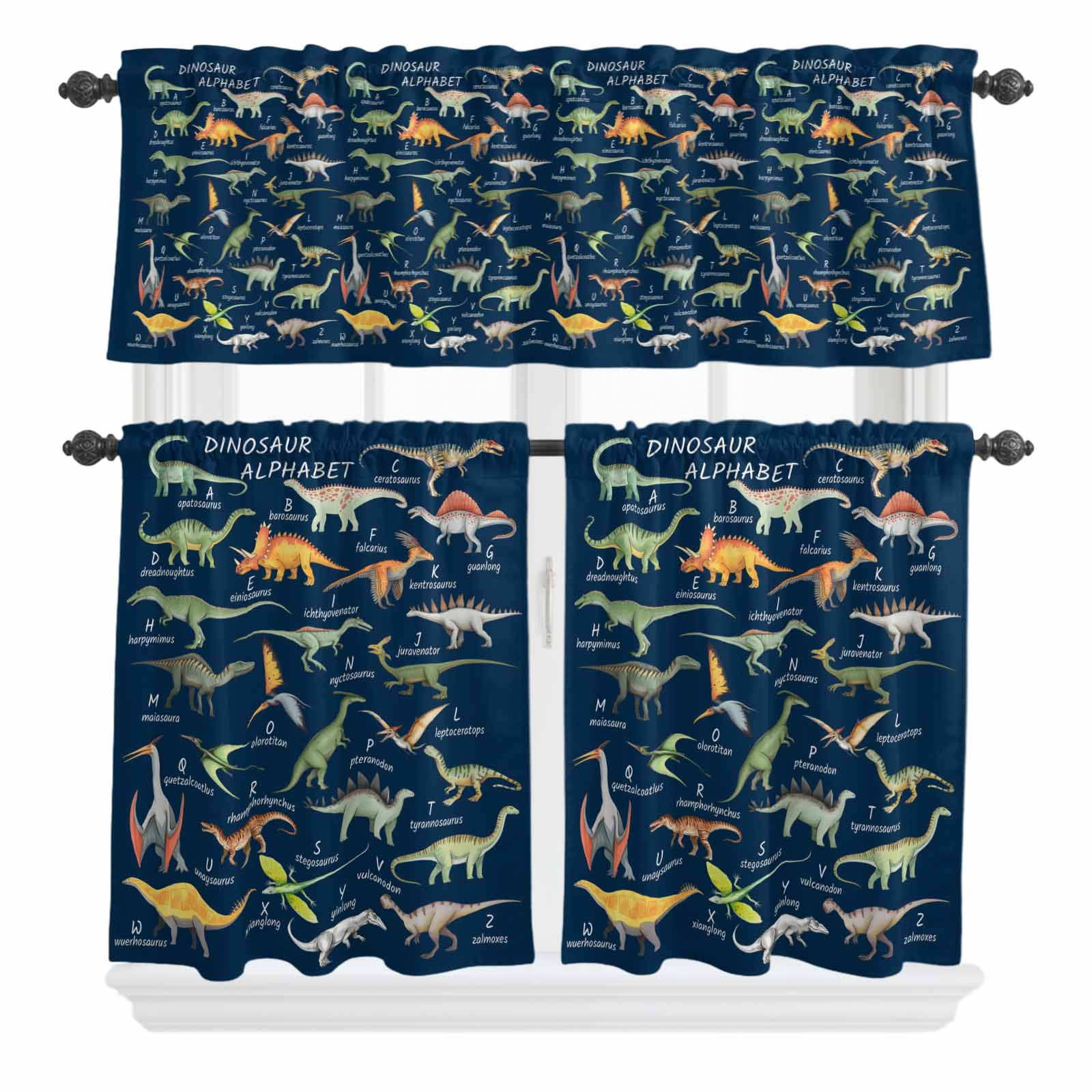 3 Piece Kitchen Curtains and Valances Set Blue Dinosaur Cafe Curtains ...