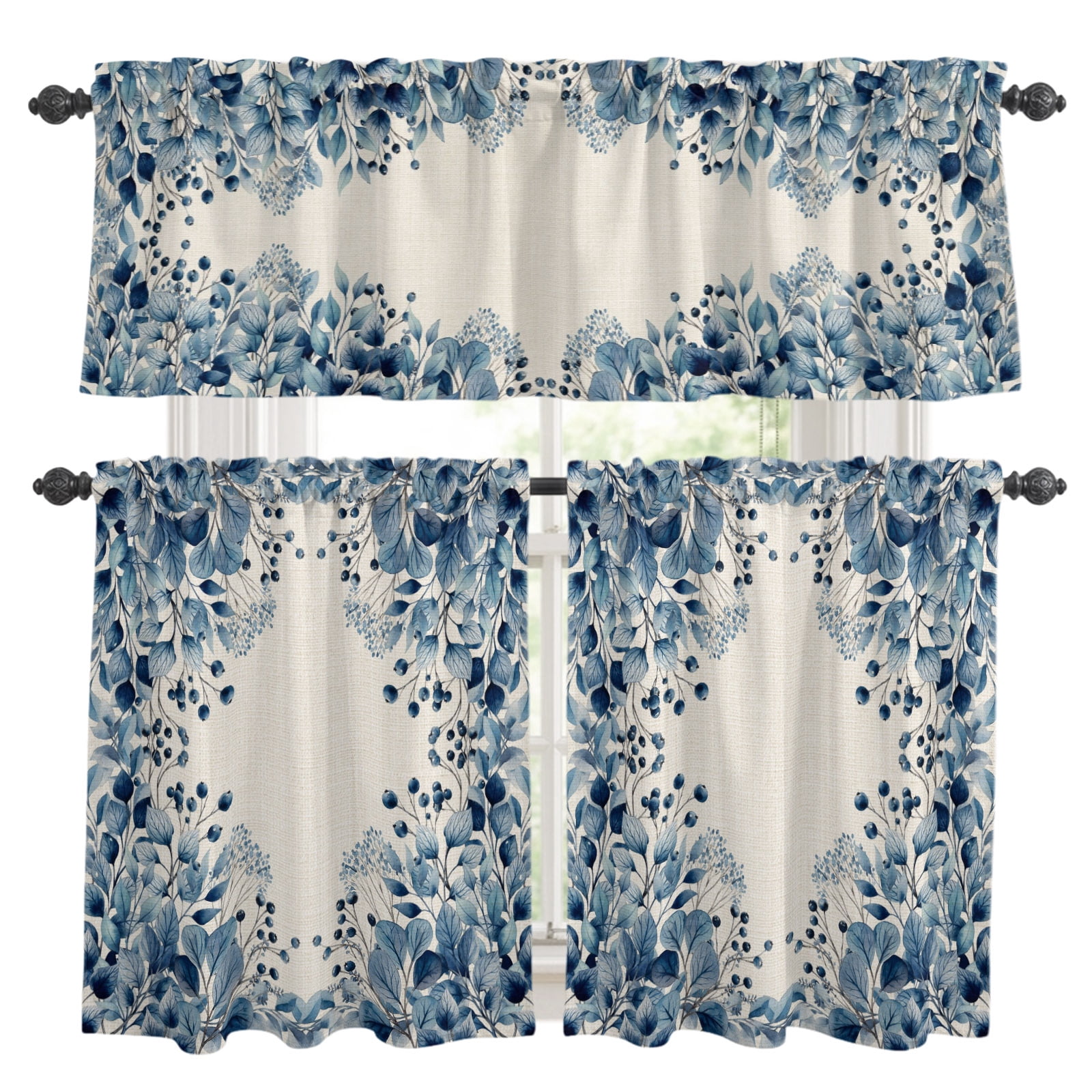 3 Piece Kitchen Curtains and Valances Set Blue Eucalyptus Leaves Cafe ...