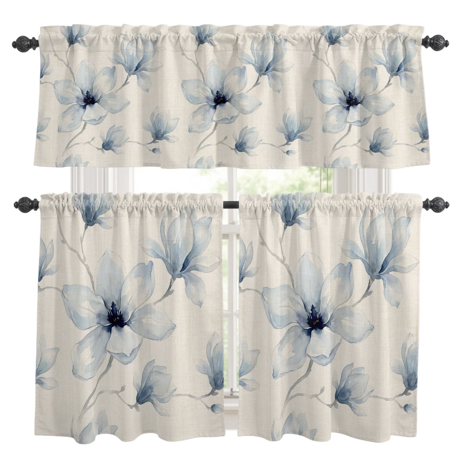 3 Piece Kitchen Curtains and Valances Set Blue Floral Cafe Curtains 24 ...