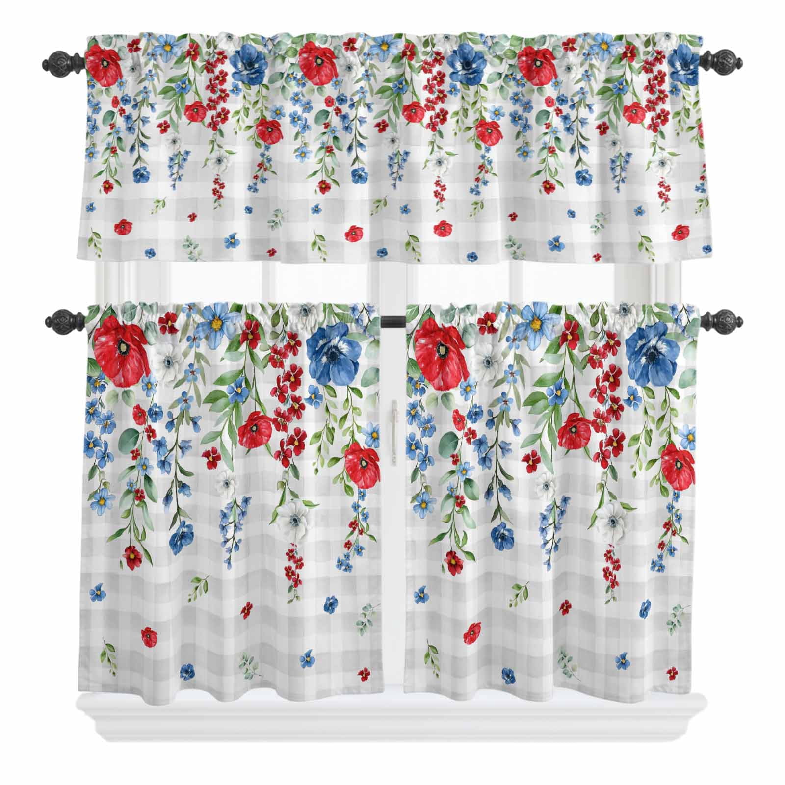 3 Piece Kitchen Curtains and Valances Set Blue Floral Cafe Curtains 36 ...