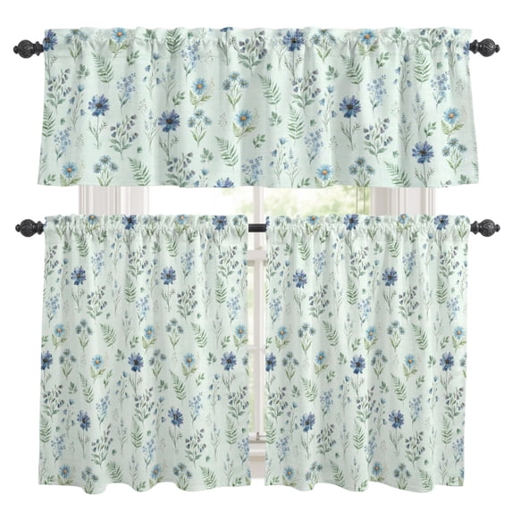 3 Piece Kitchen Curtains and Valances Set Blue Floral Spring Cafe ...