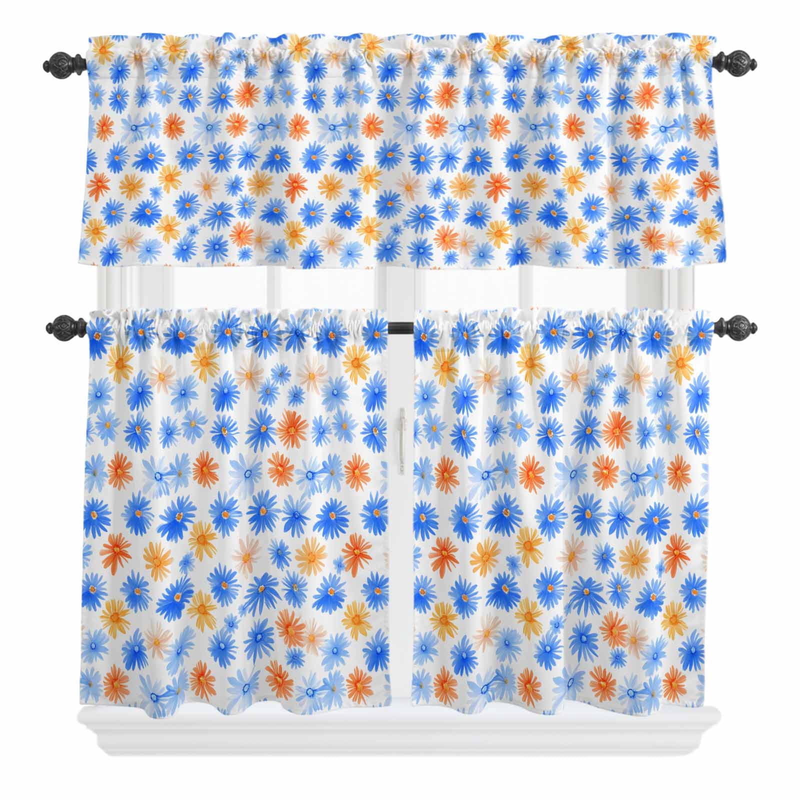 3 Piece Kitchen Curtains and Valances Set Blue Flower Cafe Curtains 36 ...
