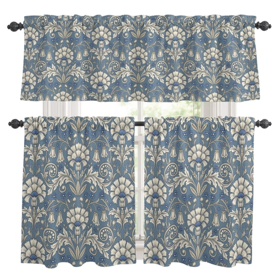 3 Piece Kitchen Curtains and Valances Set Blue Flowers Cafe Curtains 36 ...