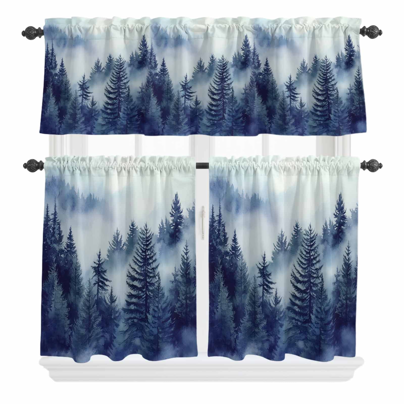 3 Piece Kitchen Curtains and Valances Set Blue Foggy Forest Cafe ...