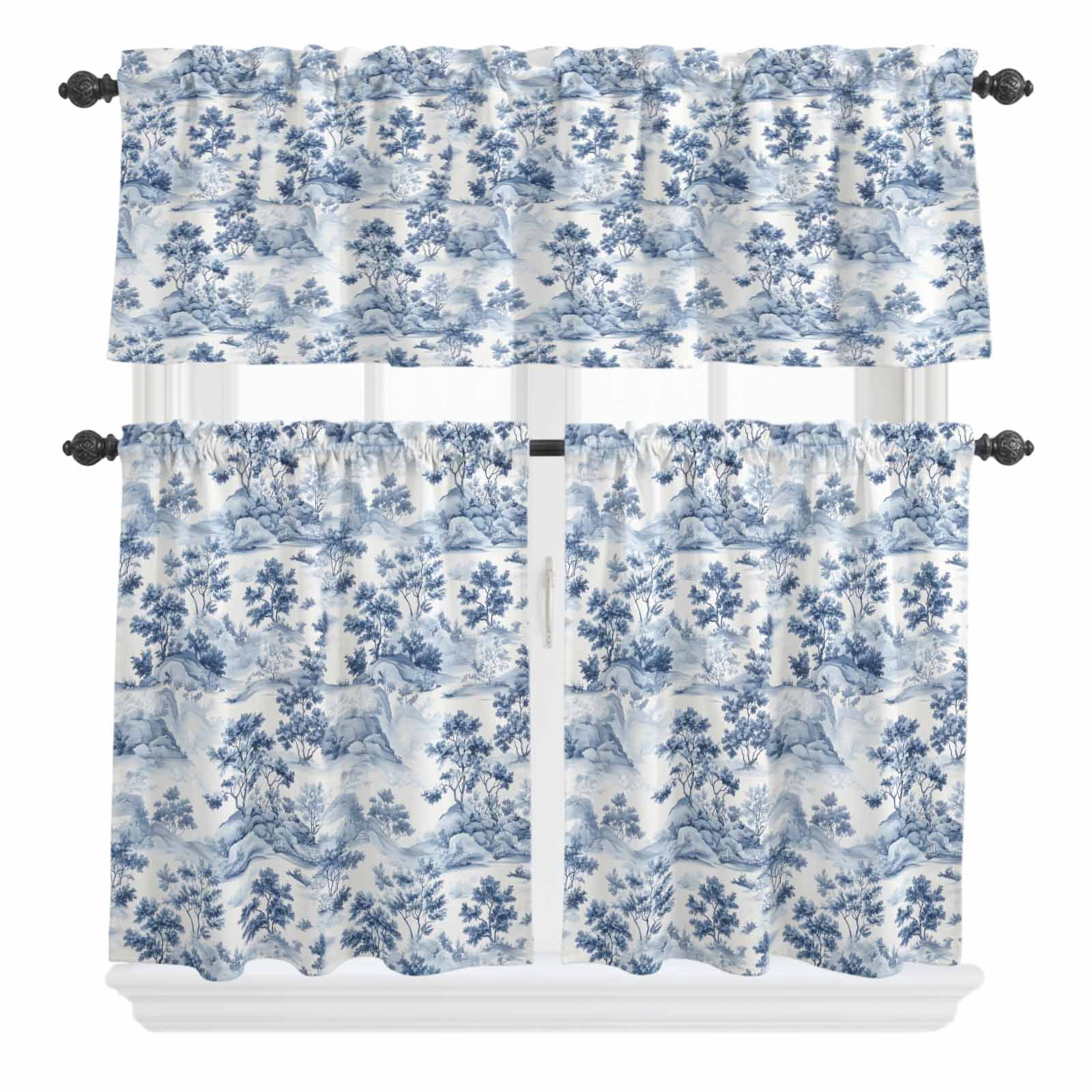 3 Piece Kitchen Curtains and Valances Set Blue Garden Forest Cafe ...