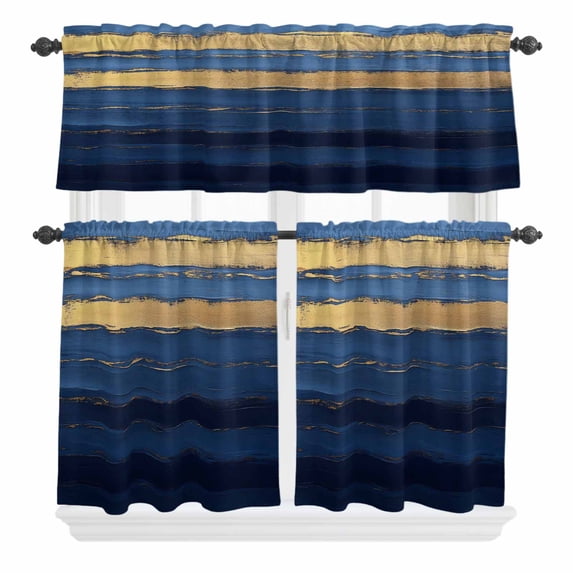 3 Piece Kitchen Curtains and Valances Set Blue Gold Wave Cafe Curtains ...