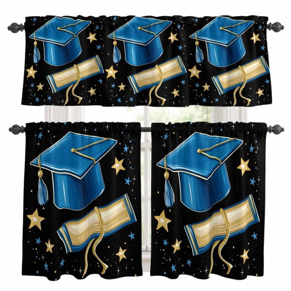 3 Piece Kitchen Curtains and Valances Set Blue Graduation Cap Cafe ...