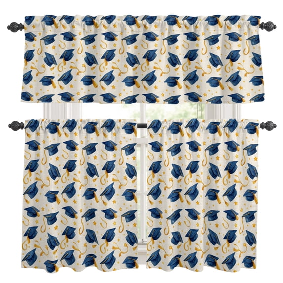 3 Piece Kitchen Curtains and Valances Set Blue Graduation Cap Tassels ...