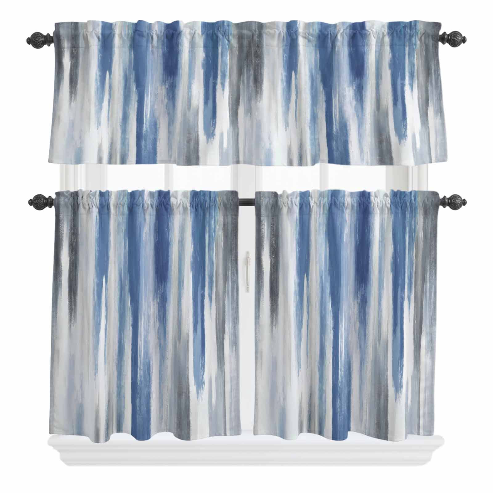 3 Piece Kitchen Curtains and Valances Set Blue Gray Cafe Curtains 24 ...