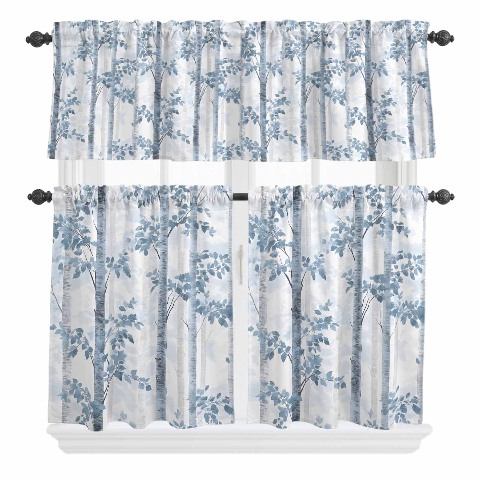 3 Piece Kitchen Curtains and Valances Set Blue Gray Forest Cafe ...