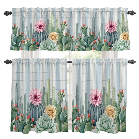 3 Piece Kitchen Curtains and Valances Set Blue Green Cactus Cafe ...