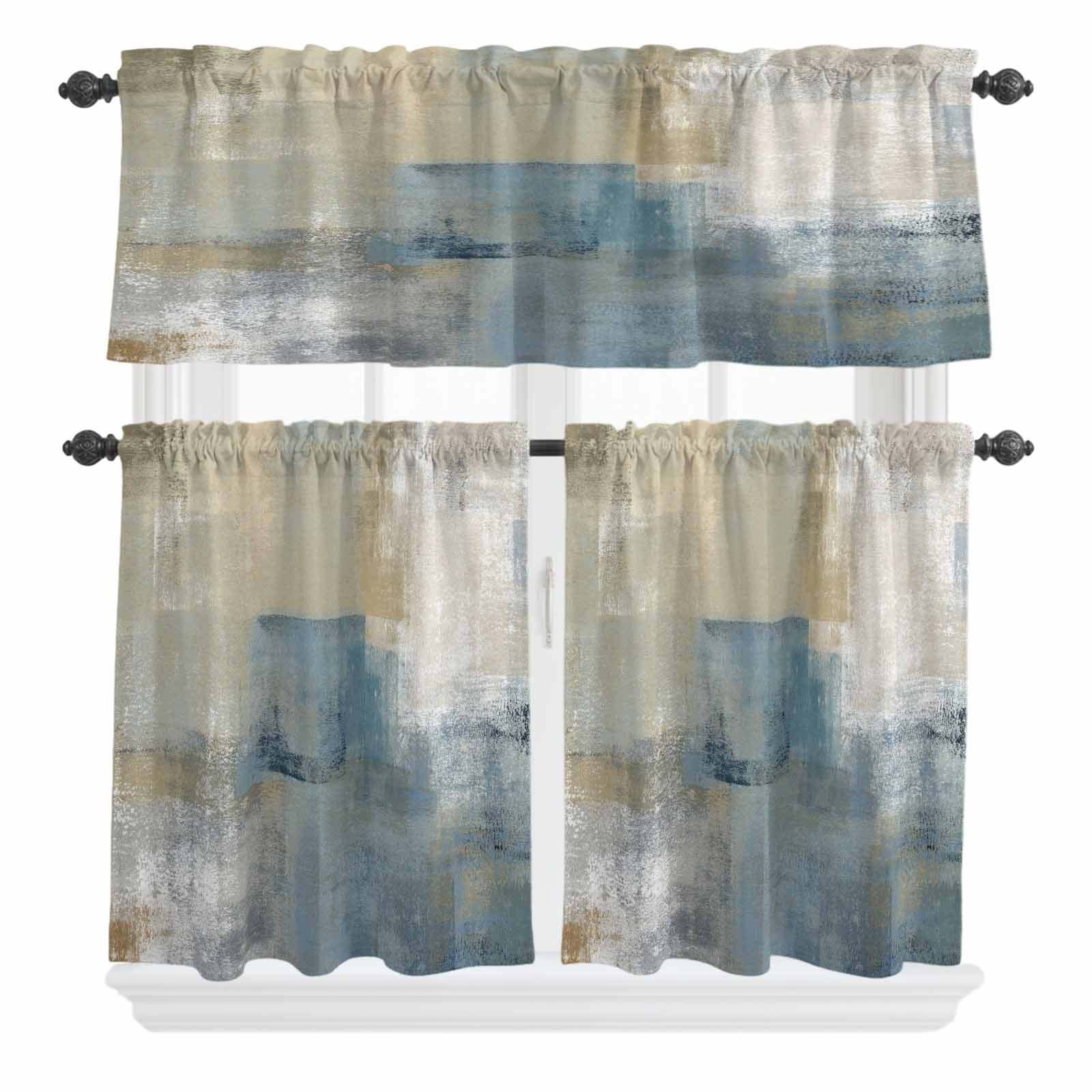 3 Piece Kitchen Curtains and Valances Set Blue Grey Beige Cafe Curtains ...