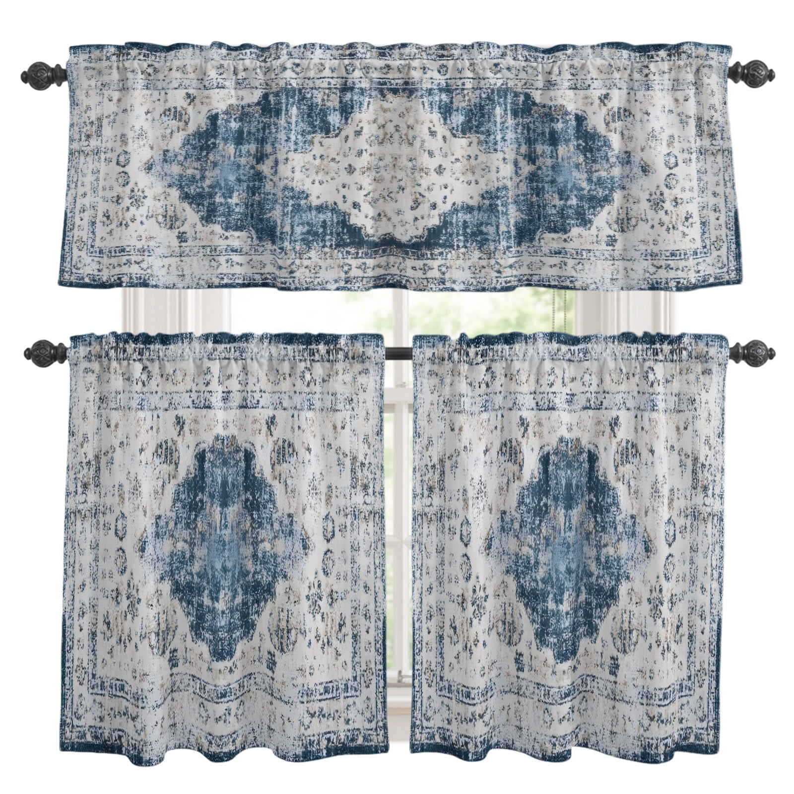 3 Piece Kitchen Curtains and Valances Set Blue Grey Boho Cafe Curtains ...