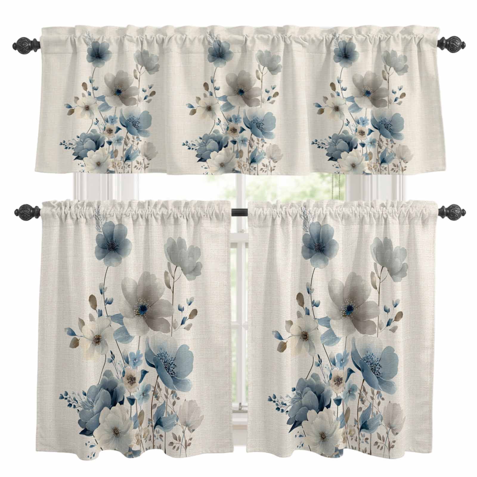 3 Piece Kitchen Curtains and Valances Set Blue Grey Floral Cafe ...