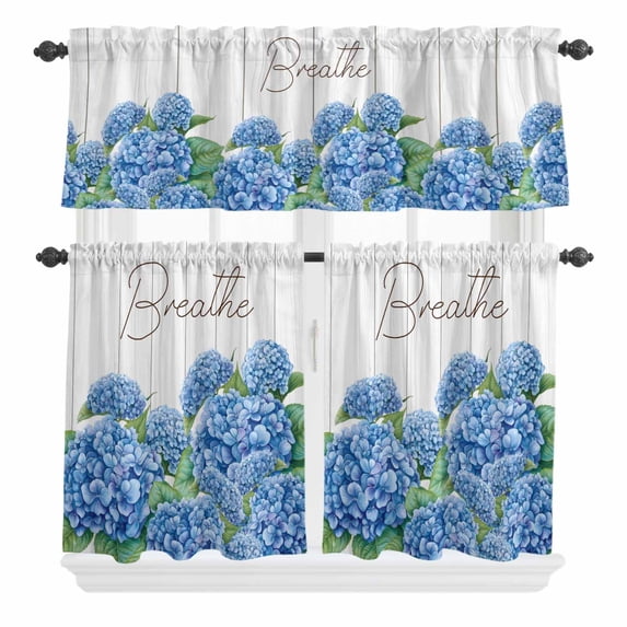 3 Piece Kitchen Curtains and Valances Set Blue Hydrangeas Floral Cafe ...